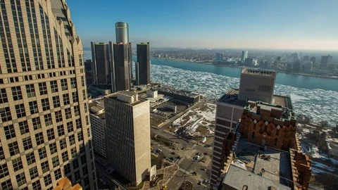 Detroit - Downtown view of Detroit River... | Stock Video | Pond5
