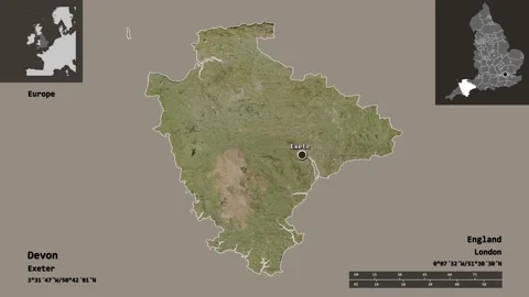 Devon location. England. Satellite map | Stock Video | Pond5