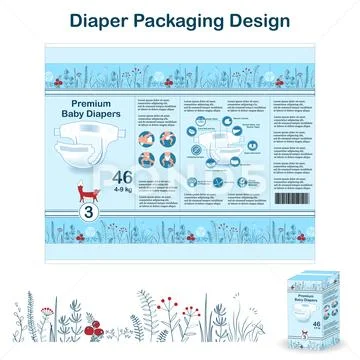Diaper packaging design elements in doodle forest style. Nappy pakaging ...