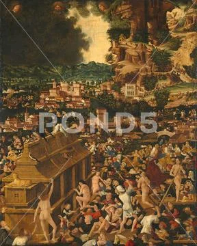 Die Flut, das Hochwasser kommt und die Tiere gehen in die Arche, Die ...