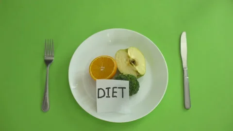 Diet note on plate with fruits and veget... | Stock Video | Pond5