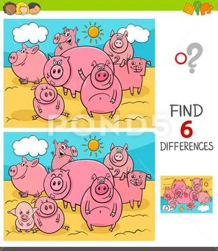 Differences game with pigs farm animals Cartoon Illustration of Finding ...