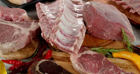Different types of meat rotate on cuttin... | Stock Video | Pond5