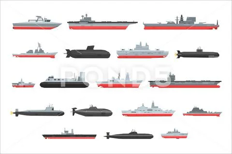 Different types of naval combat ships set, military boats, ships ...