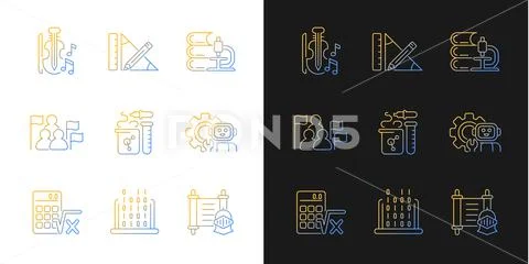 Different types of school subjects gradient icons set for dark and ...