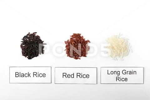 Different types of uncooked rice and cards on white background, top ...