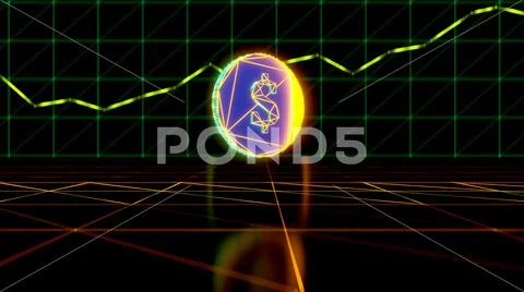 Digital dollar coin floating on digital surface, growth chart in ...