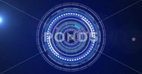 Digital image of spot of light and neon round scanner spinning against ...