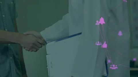 Digital network icons overlaying handsha... | Stock Video | Pond5
