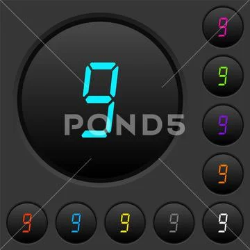 Digital number nine of seven segment type dark push buttons with color ...