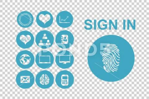 Digital png illustration of icons and finger print with sign in text on ...