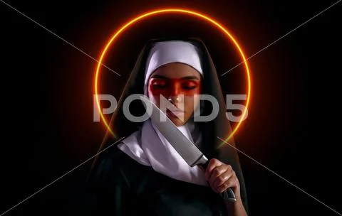 Photograph: Digital portrait of a nun, knife in hand, on a black ...