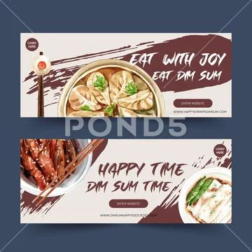 Dim sum banner design with dumpling, braised pork watercolor ...