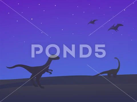 Dinosaurs, velociraptor, sauropod and pterodactyls at night vector ...