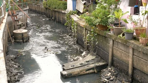 Dirty and muddy open waste water canal f... | Stock Video | Pond5