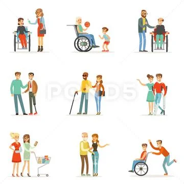 Disabled people and friends helping them set for label design. Cartoon ...
