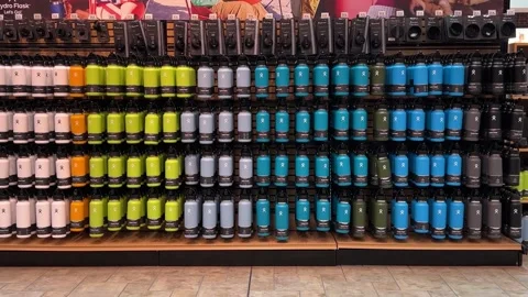 A display of Hydro Flask reusable water ... | Stock Video | Pond5
