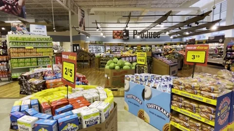 Displays and Produce department pan in a... | Stock Video | Pond5