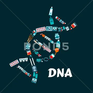 DNA helix with pharmaceutical, medicine flat icons: Graphic #64756577