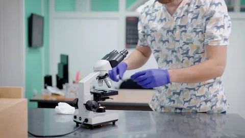 Doctor in laboratory looking through mic... | Stock Video | Pond5
