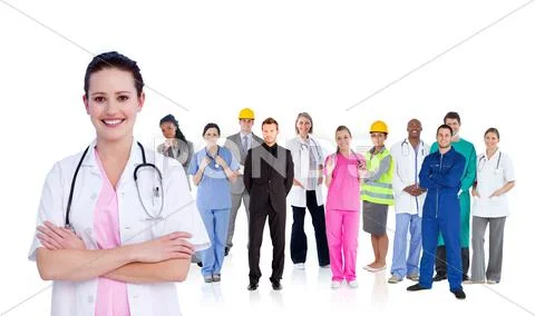 Doctor standing in front of different types of workers Stock Image ...
