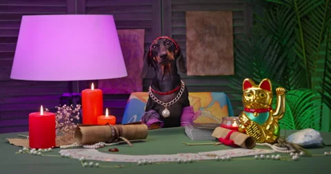 Dog dressed as fortune teller in tarot r... | Stock Video | Pond5