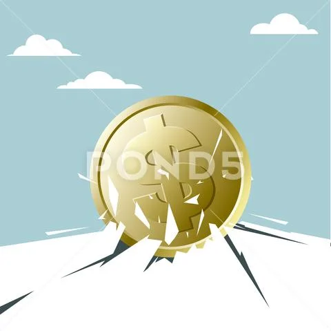 The dollar coin broke through the ground. Isolated on blue background ...