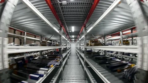 Dolly zoom along warehouse rows with goo... | Stock Video | Pond5