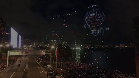 Doraemon drone show wows crowd in Hong K... | Stock Video | Pond5