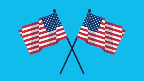 Double American Flag Waving on Blue Back... | Stock Video | Pond5