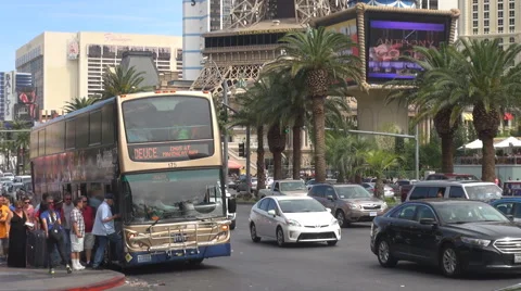 Double decker bus station Las Vegas Stri... | Stock Video | Pond5