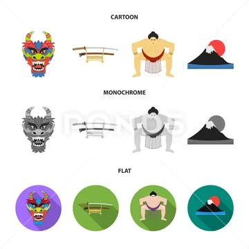 Dragon mask, katano, a man is a sumo player, a fujiama mountain.Japan ...