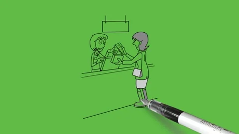 draw female sit on counter receiving mon... | Stock Video | Pond5