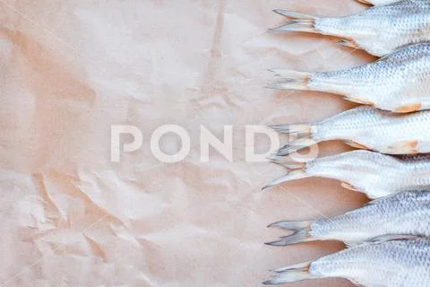 Photograph: Dried fishes template banner on craft paper background with ...