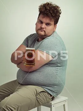 Fat Person Drinking Beer Fat Man Drinking A Bottle Of Beer. Ink Black