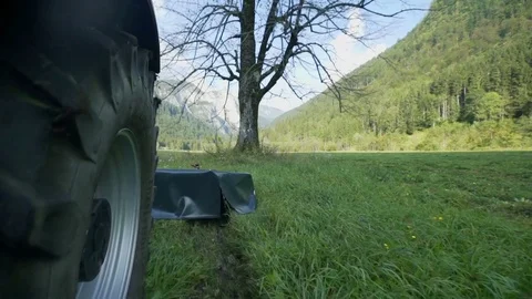 Driving past a tree when cutting grass | Stock Video | Pond5