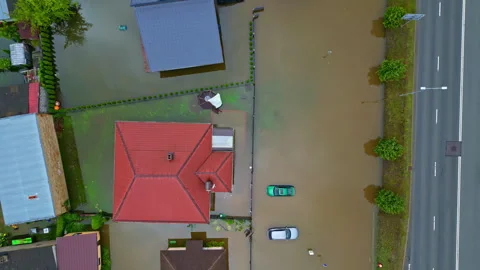 Drone captures extensive flooding impact... | Stock Video | Pond5