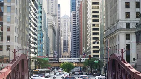 Drone downtown Chicago main street, subw... | Stock Video | Pond5