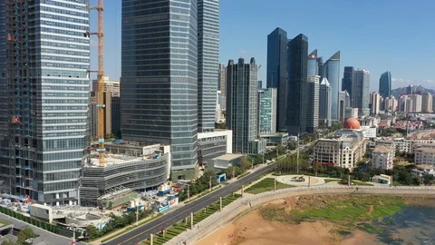 Drone flight of modern office towers in ... | Stock Video | Pond5