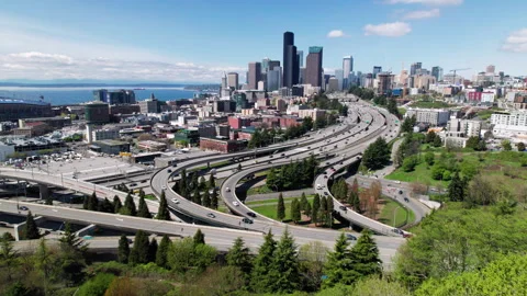 Drone Flying Over Freeway to Seattle Sky... | Stock Video | Pond5