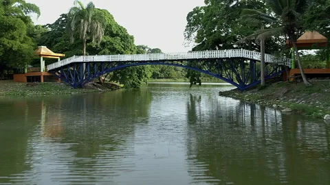 Drone flying under bridge of lake at nor... | Stock Video | Pond5