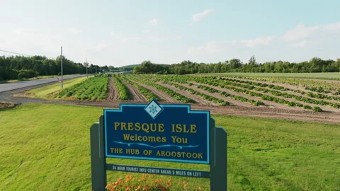 Drone Flyover of Welcome Sign to Presque... | Stock Video | Pond5