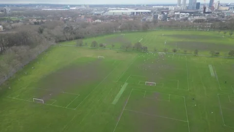 Drone footage over open soccer fields wi... | Stock Video | Pond5