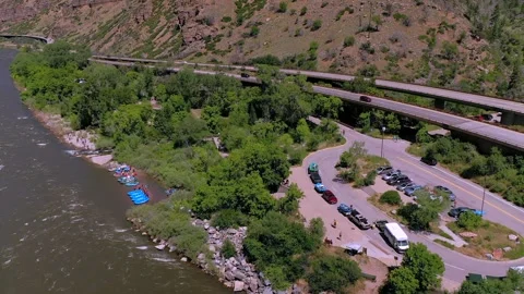 Drone: Rafters Use Crowded Boat Ramp In ... | Stock Video | Pond5