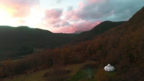 Drone shot of glamping tent retreat in f... | Stock Video | Pond5