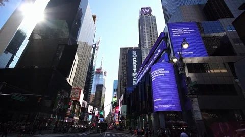 Drone shot of Times Square advertisement... | Stock Video | Pond5