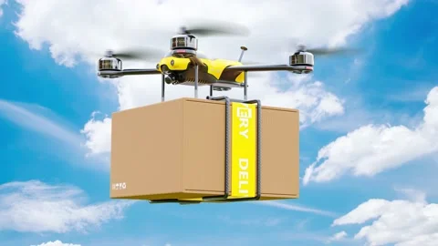 Drone yellow color delivery parcel. Sky ... | Stock Video | Pond5
