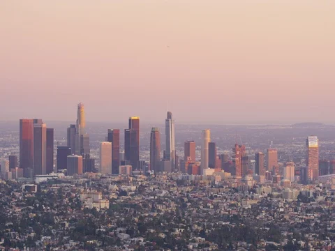 DTLA skyline view at sunset from Hollywo... | Stock Video | Pond5