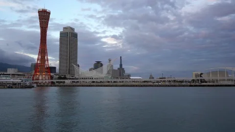 Dusk over the port city of Kobe. Sea lev... | Stock Video | Pond5
