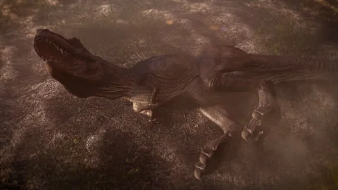 Dying T-rex dinosaur lying on ground | Stock Video | Pond5